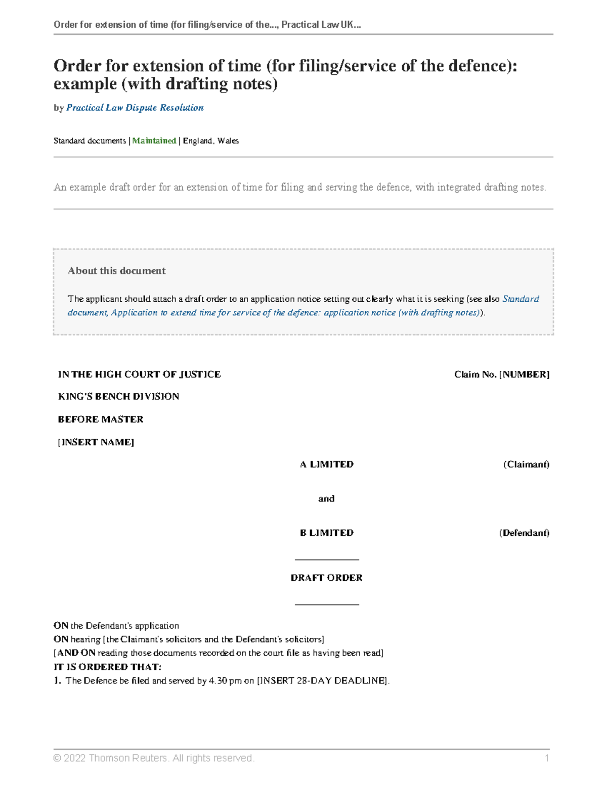 Order for extension of time (for filing service of the defence) example ...