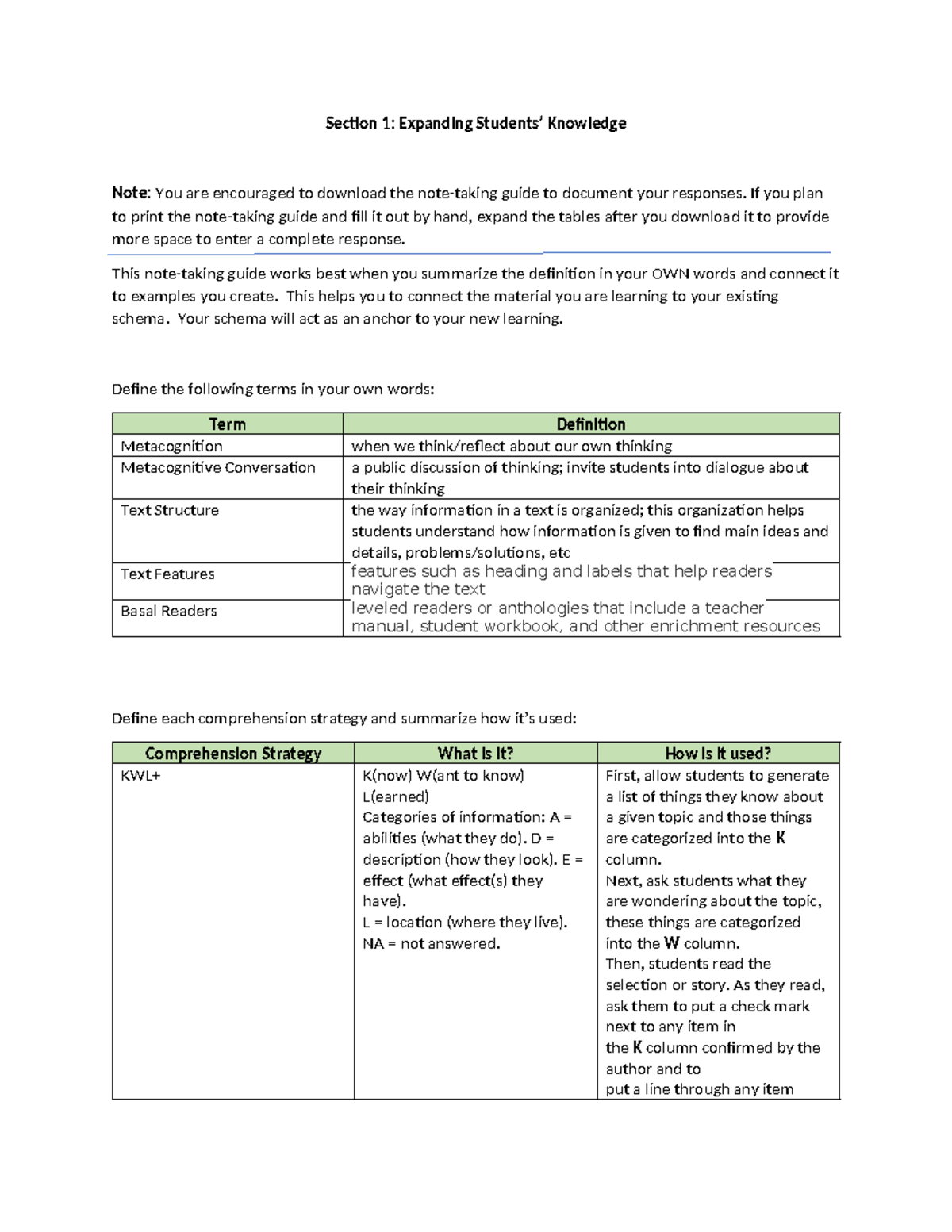 C365 notes section 1 - Section 1: Expanding Students’ Knowledge Note ...