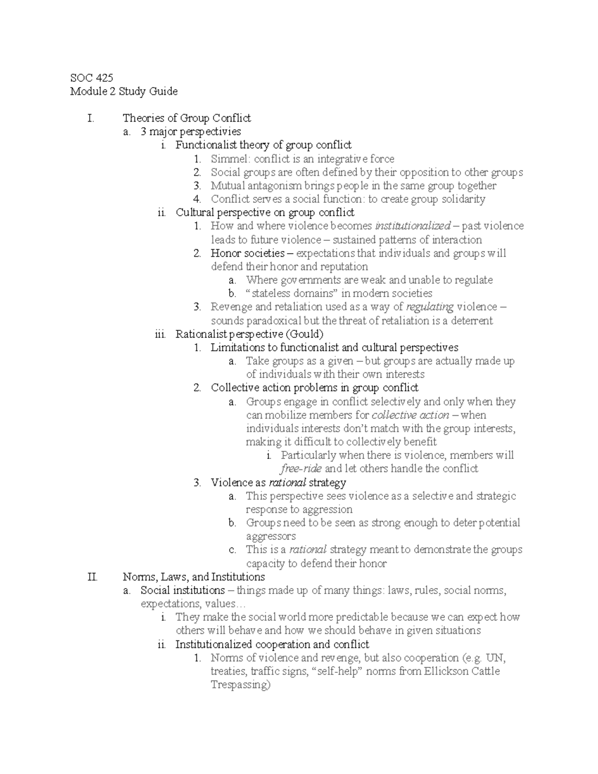 Module 2 Study Guide - SOC 425 Module 2 Study Guide I. Theories of ...