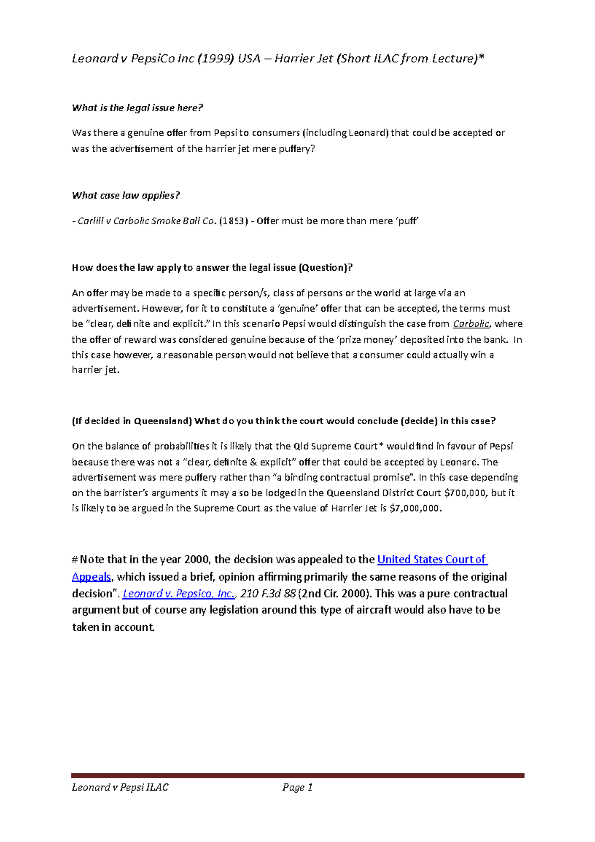Leonard v Pepsi Co Inc - ILAC law guide for the students who studying ...