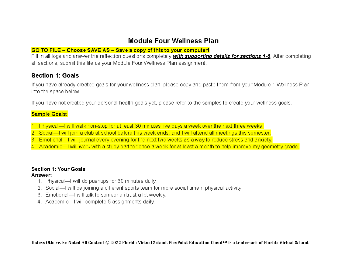 Module five wellness plan - Module Four Wellness Plan GO TO FILE ...