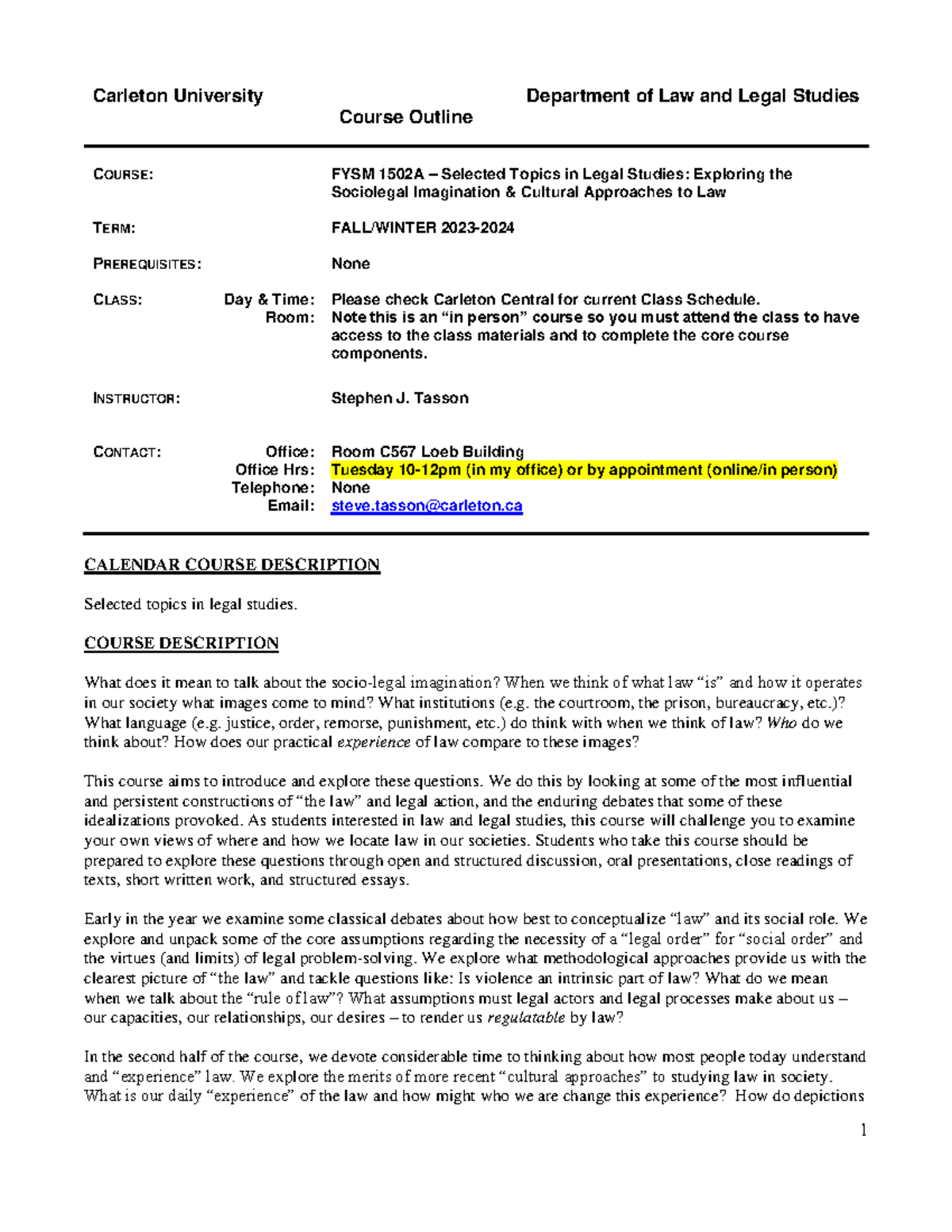 Tasson Stephen FYSM 1502 Outline - Carleton University Department of ...