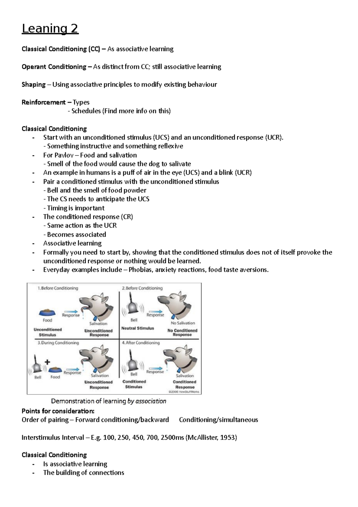 Leaning 2 - Lecture notes - Leaning 2 Classical Conditioning (CC) – As ...