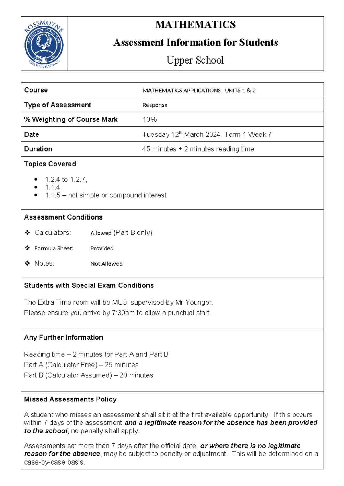 Assessment Information for 11 Applications Test 1 2024 - MATHEMATICS ...