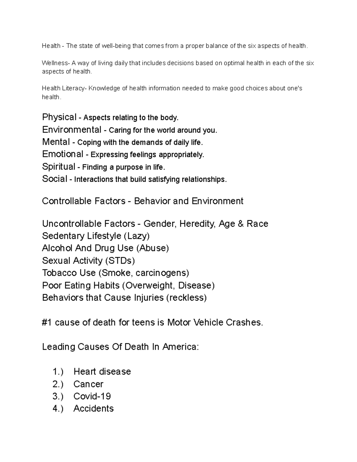 Notes For Health pg. 1 - Health - The state of well-being that comes ...