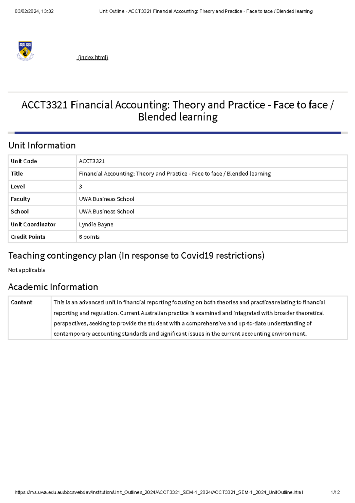 Unit Outline - ACCT3321 - Unit Information Unit Code ACCT Title ...
