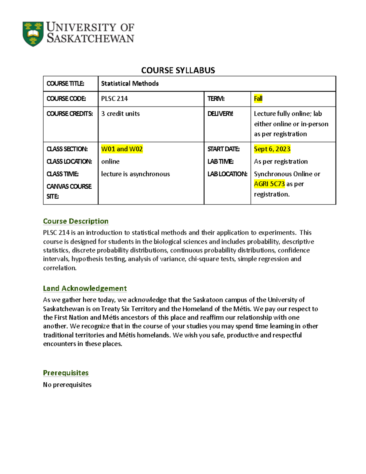 PLSC 214 Syllabus Fall 2023 - COURSE SYLLABUS COURSE TITLE: Statistical Methods COURSE CODE ...