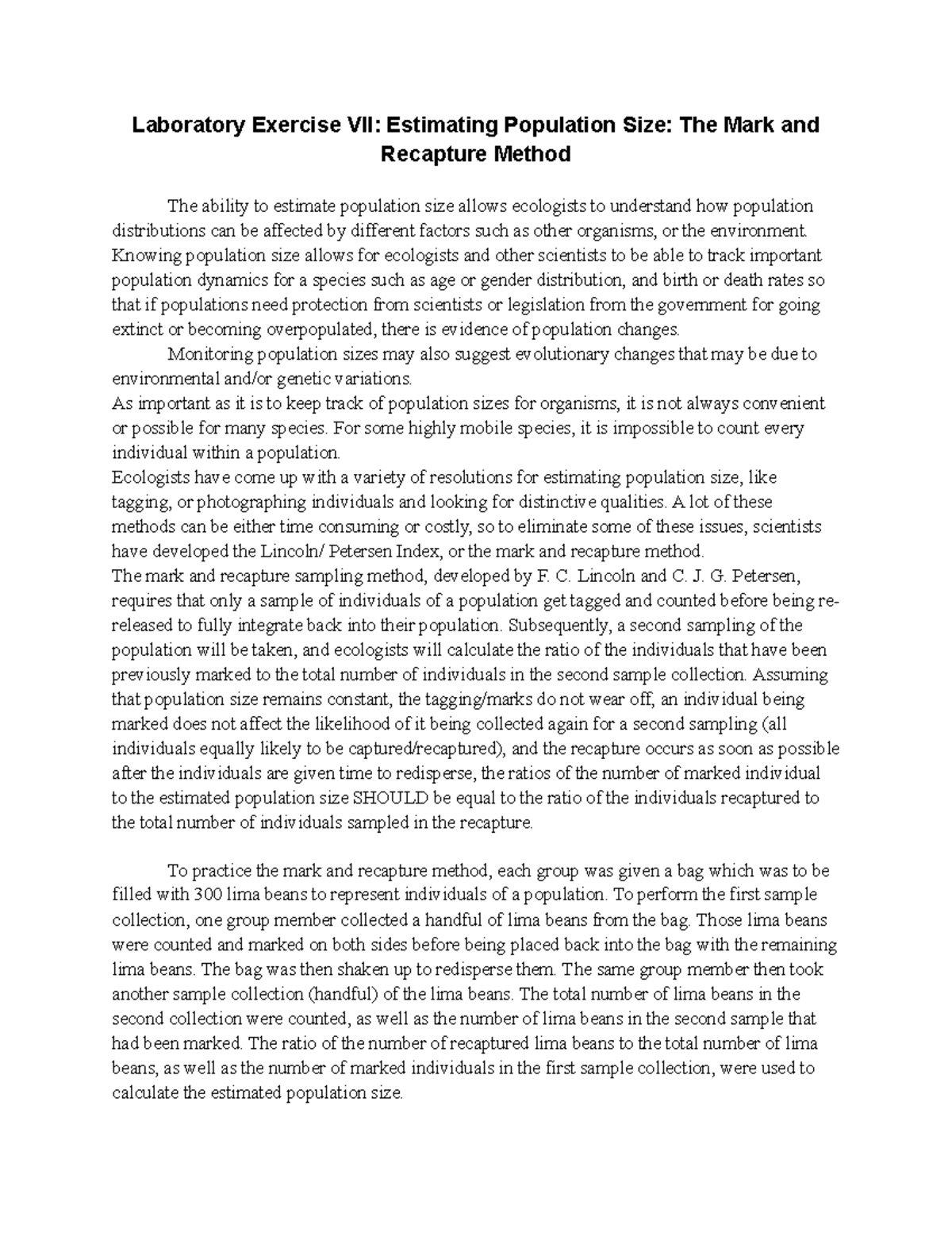 Charles Rodriguez Thompson Mark-Recapture - Laboratory Exercise VII ...