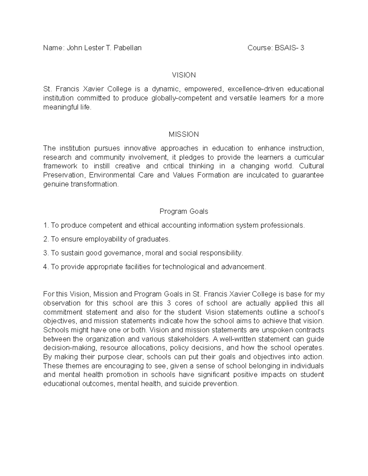 Vision, Mission AND Program Goals - Name: John Lester T. Pabellan ...