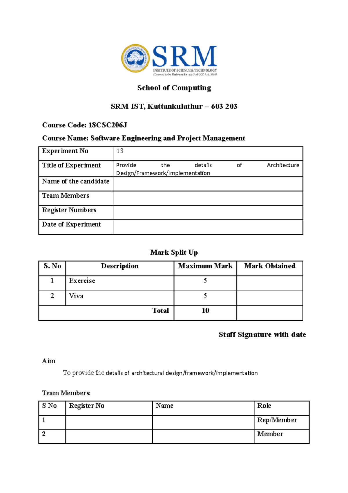 18CSC206J SEPM Ex 13 - dream design project - School of Computing SRM ...