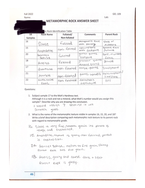Mineral Lab Answer Sheet Online - Fall 2022 GEL 109 29 Name: Lab ...