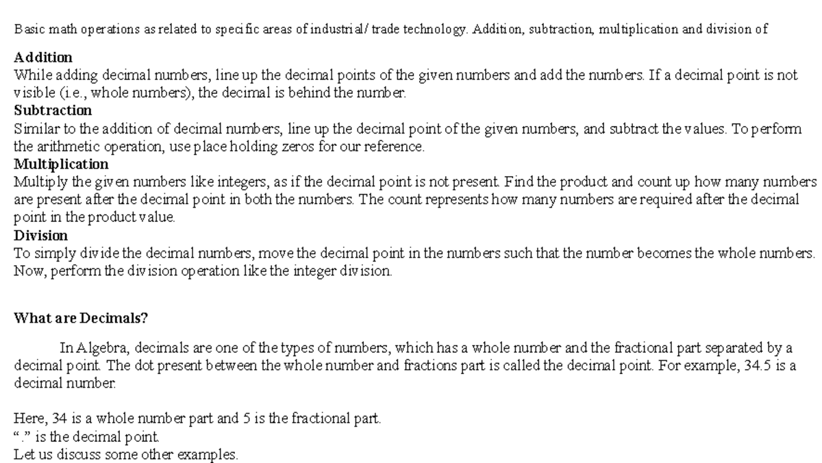 2. Decimal-AND- Fraction- Module - Basic math operations as related to ...