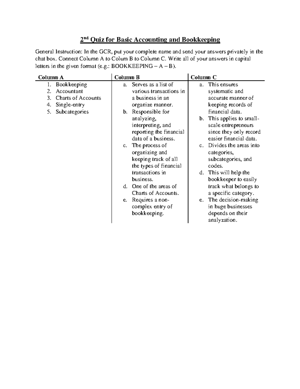 2nd Quiz for Basic Accounting and Bookkeeping - 2 nd Quiz for Basic ...