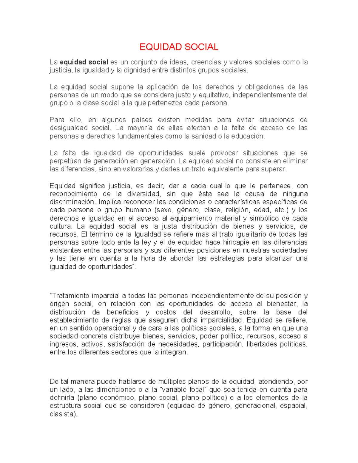 Equidad social - La equidad social supone la aplicación de los derechos ...