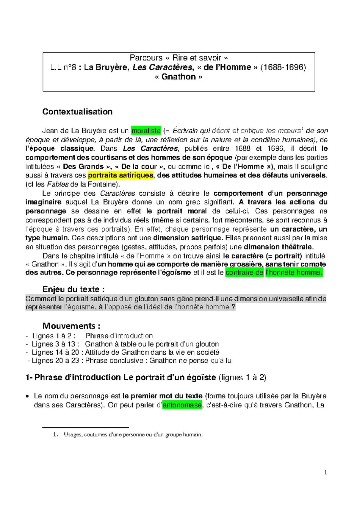 L.L. n8 La Bruyere Gnathon - Contextualisation Jean de La Bruyère est ...