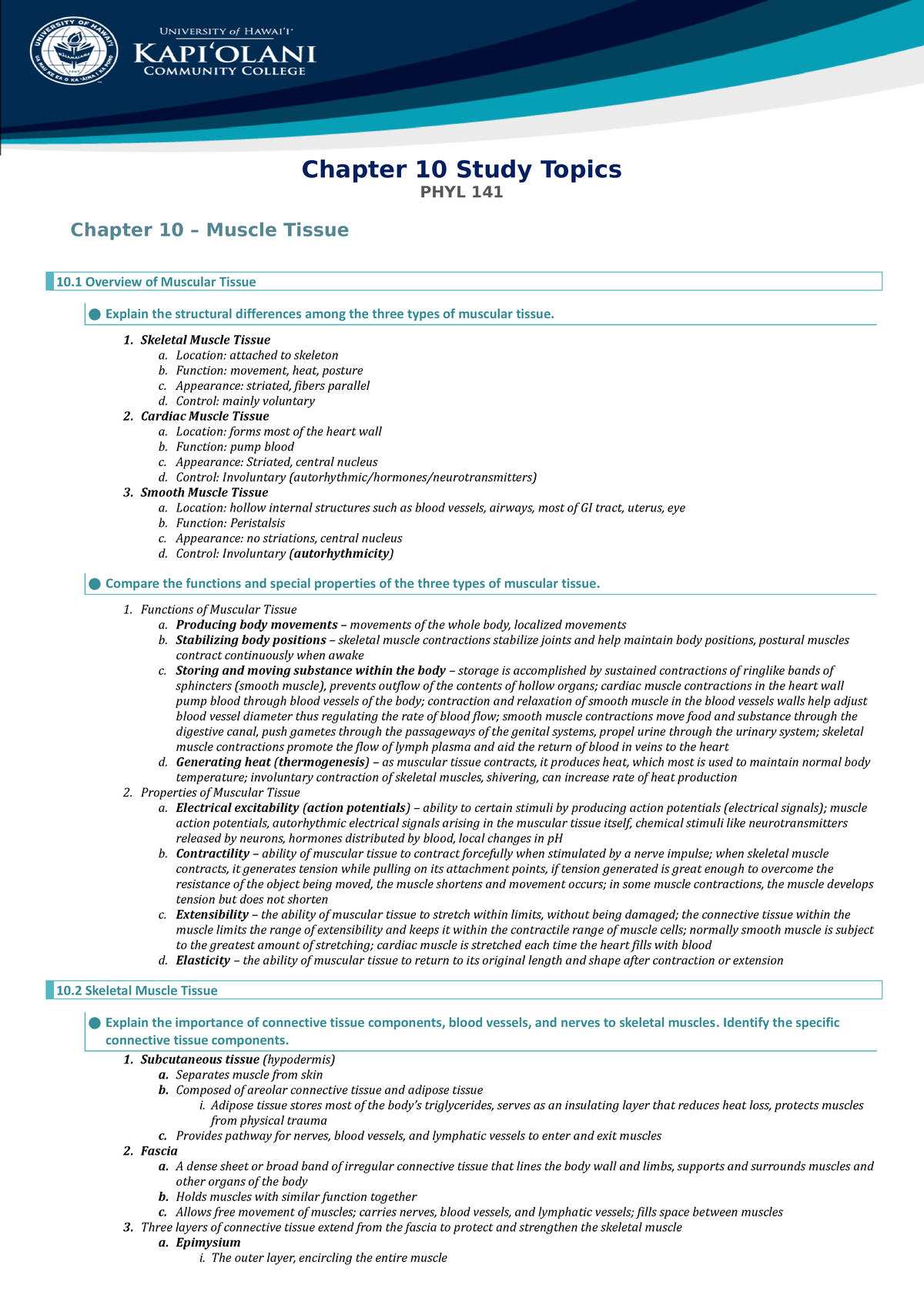 Chapter 10 Study Topics - Chapter 10 Study Topics PHYL 141 Chapter 10 ...