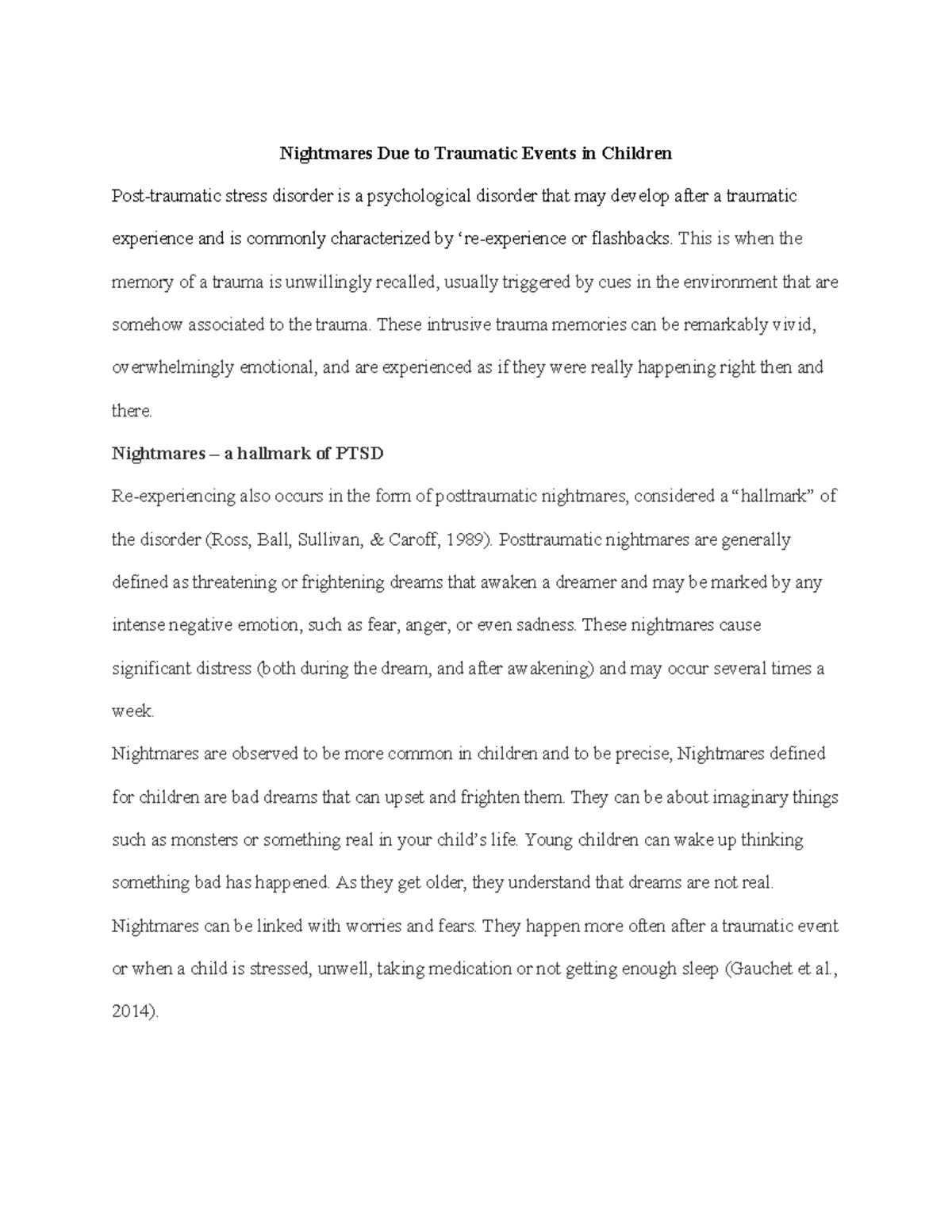 Assignment - Nightmares Due to Traumatic Events in Children Post ...