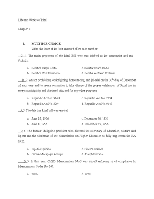 Life and Works of Rizal Chapter-5 - MULTIPLE CHOICES Write the letter of the best answer before ...