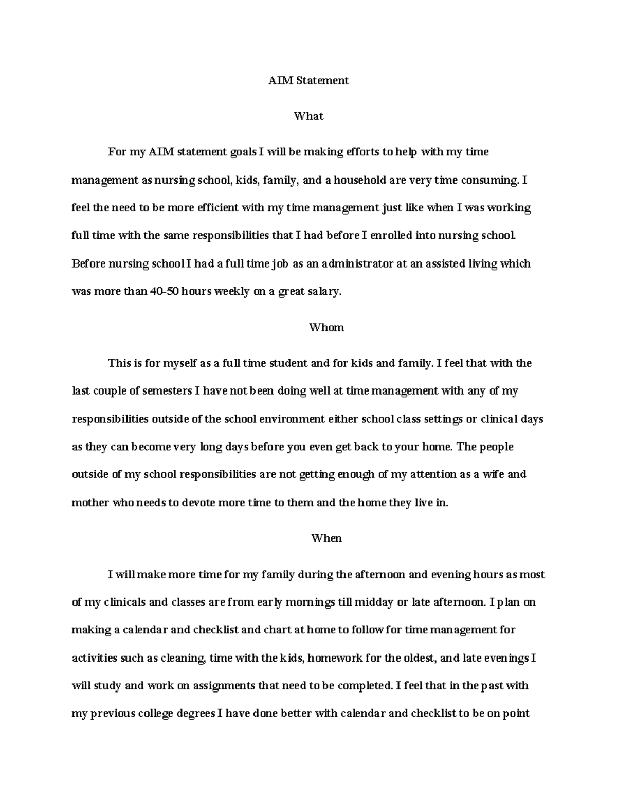 Personal AIM Statement - AIM Statement What For my AIM statement goals ...