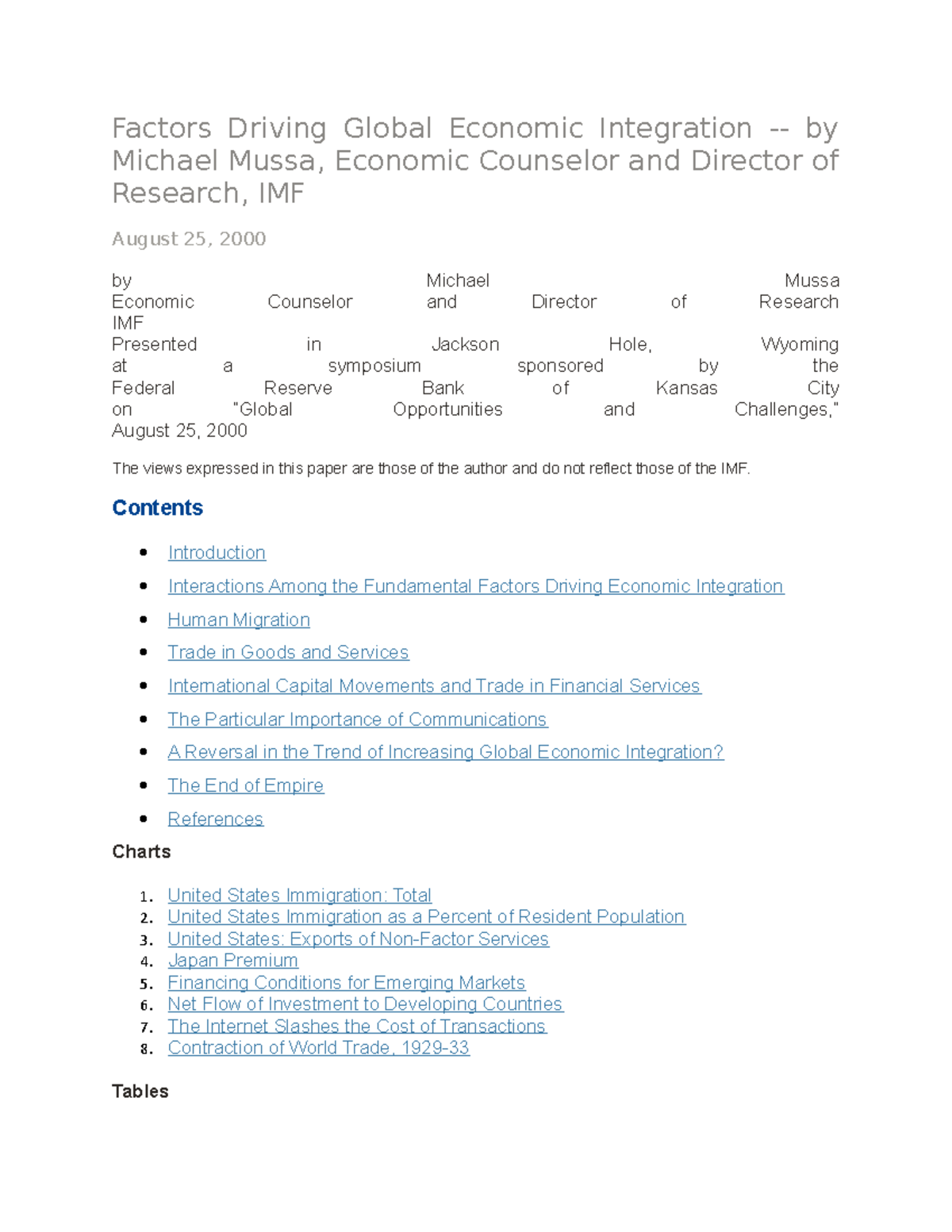 Factors Driving Global Economic Integration - Contents Introduction ...