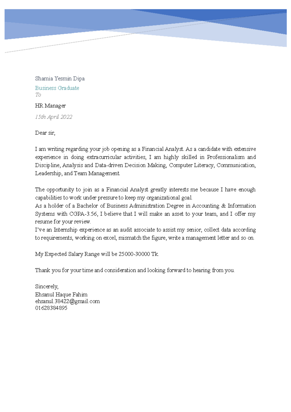 Letter of Interest - for internship purposes. - Shamia Yesmin Dipa ...