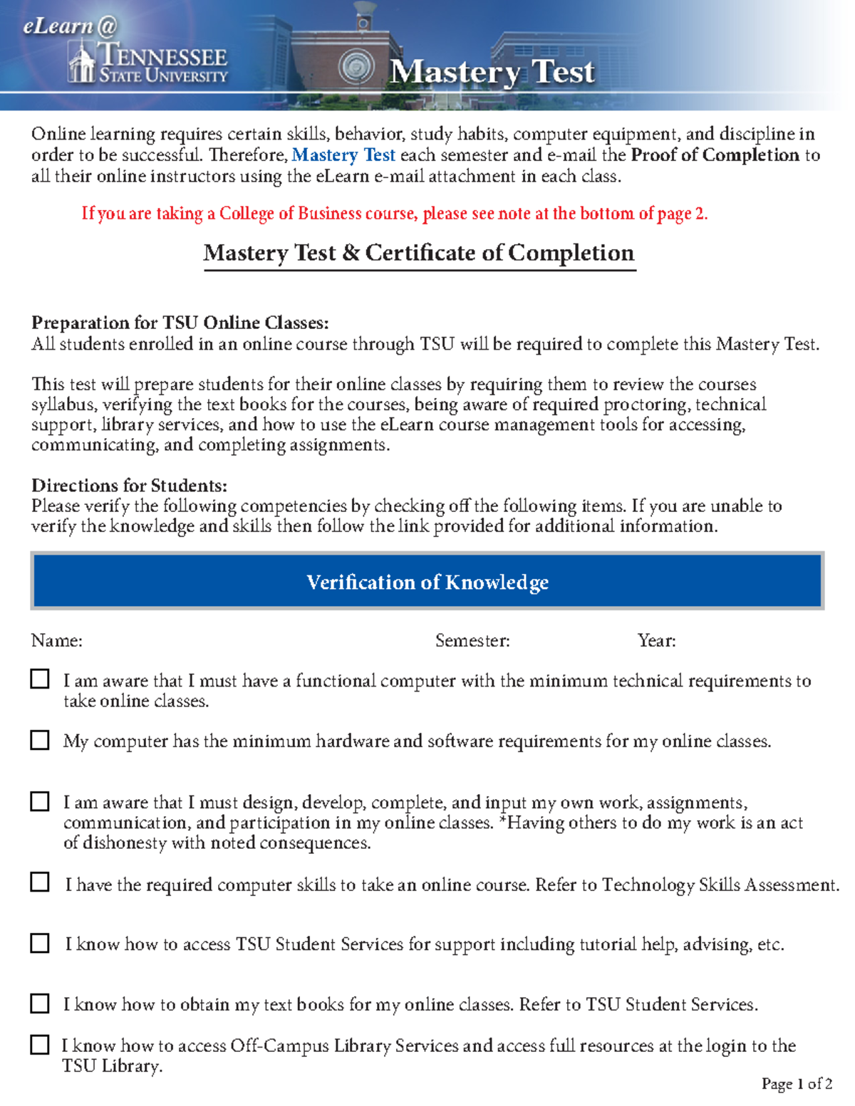 E Learn Mastery Test - Page 1 of 2 Online learning requires certain ...
