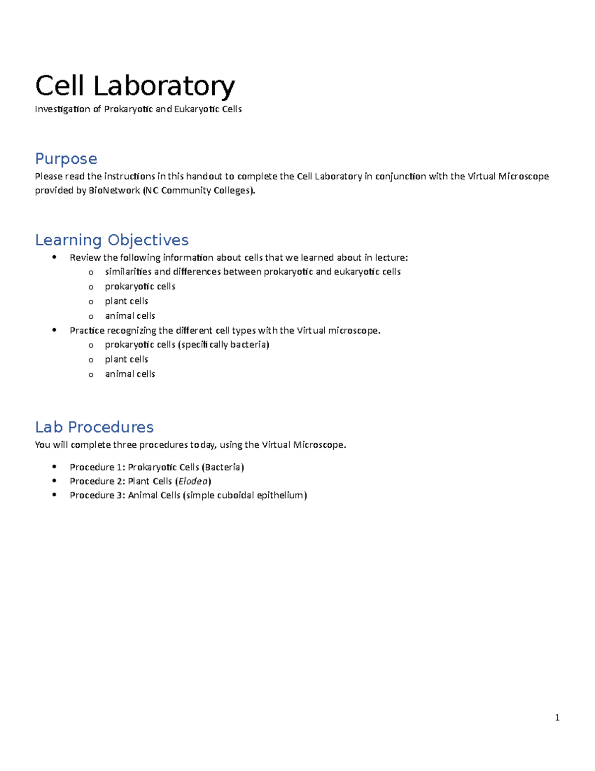Cell Laboratory Handout - Cell Laboratory Investigation of Prokaryotic ...