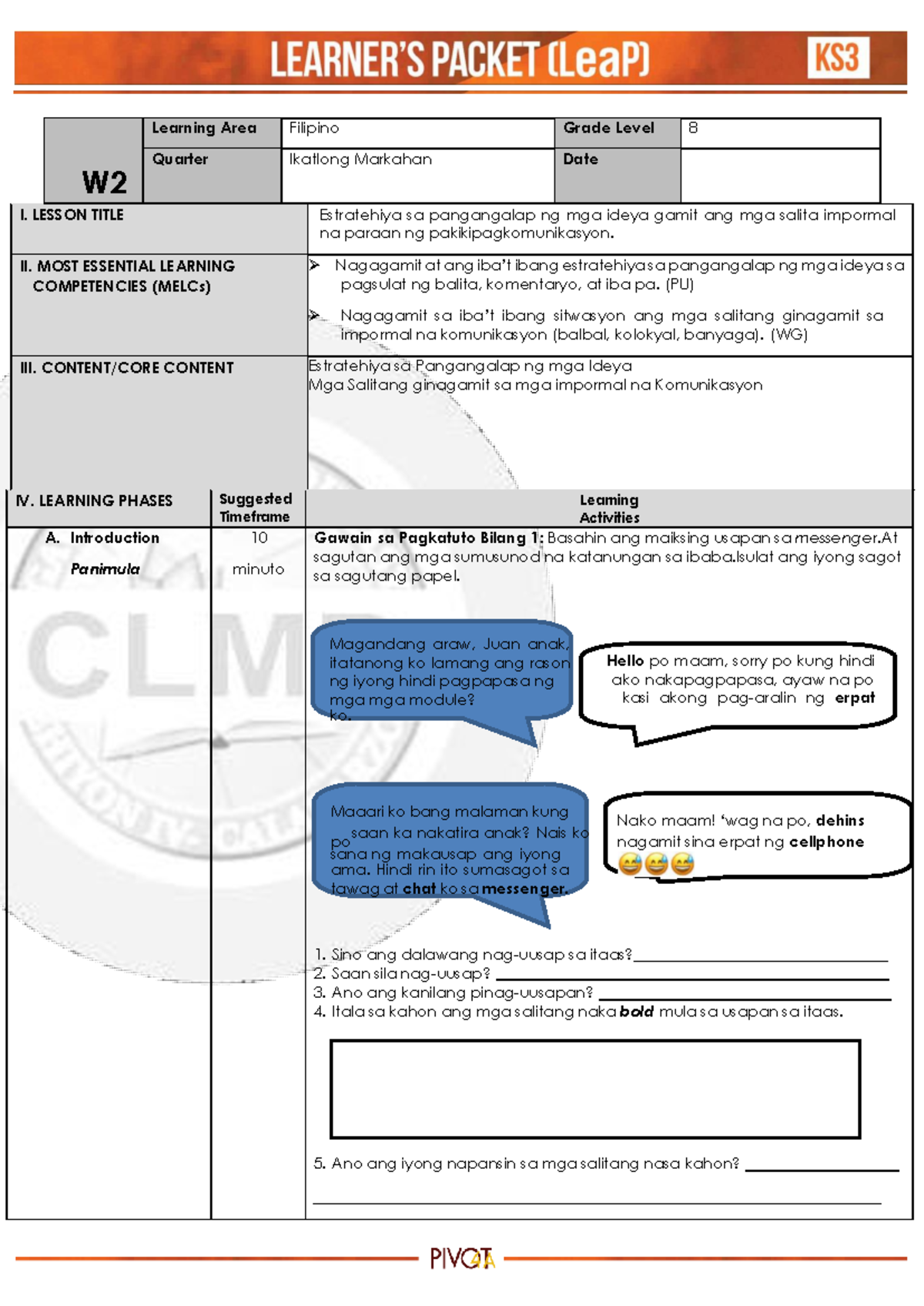 Filipino-G8-Week 2-Q3 - I. LESSON TITLE Estratehiya sa pangangalap ng ...