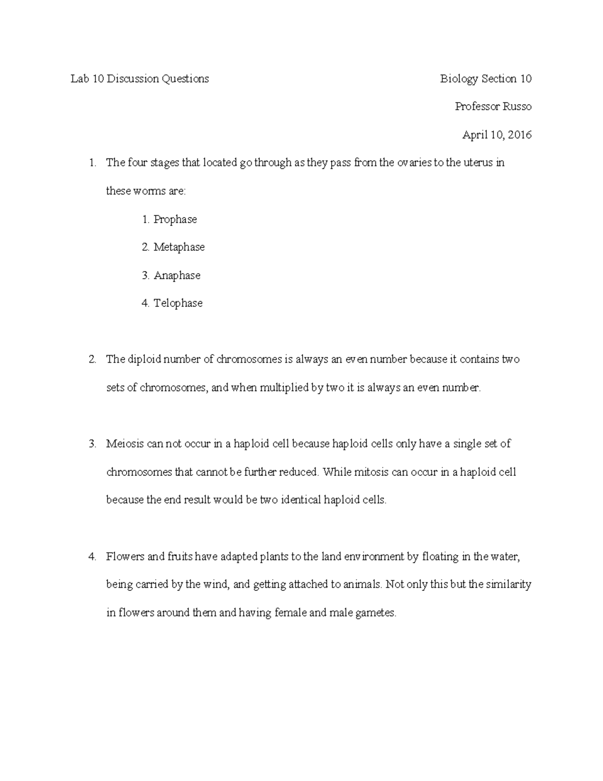 Lab 10 - Bio 1000 - lab for Prof. Russo - Lab 10 Discussion Questions ...