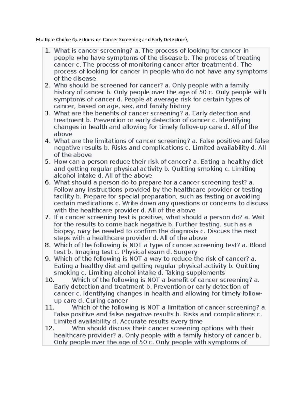 CED3 - notes - Multiple Choice Questions on Cancer Screening and Early ...