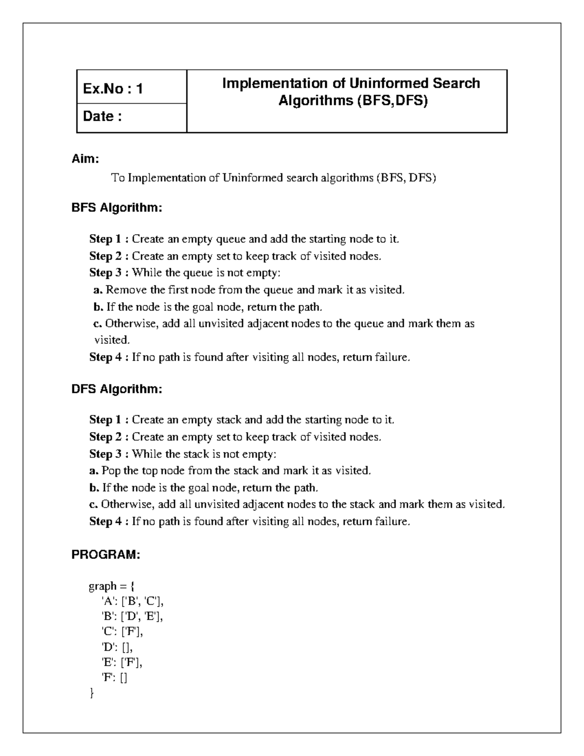 Ai And Ml Lab Manual Ex 1 Implementation Of Uninformed Search Algorithms Bfsdfs Date