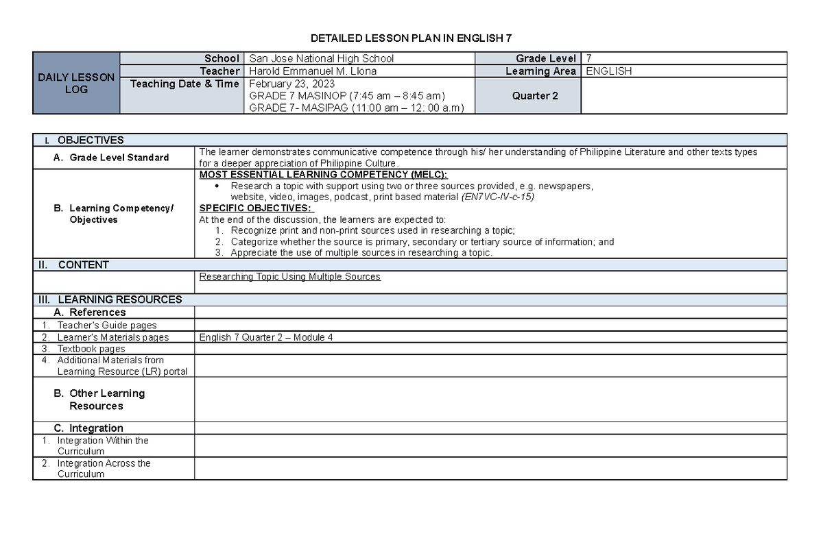 Daily Lesson PLAN- February 23, 2023 - DETAILED LESSON PLAN IN ENGLISH ...