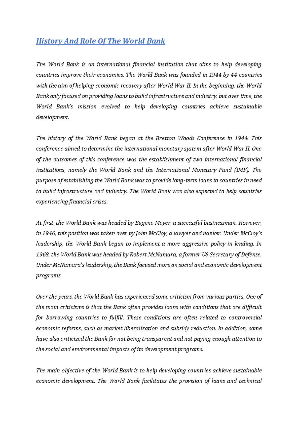 History And Role Of The World Bank - The World Bank was founded in 1944 ...