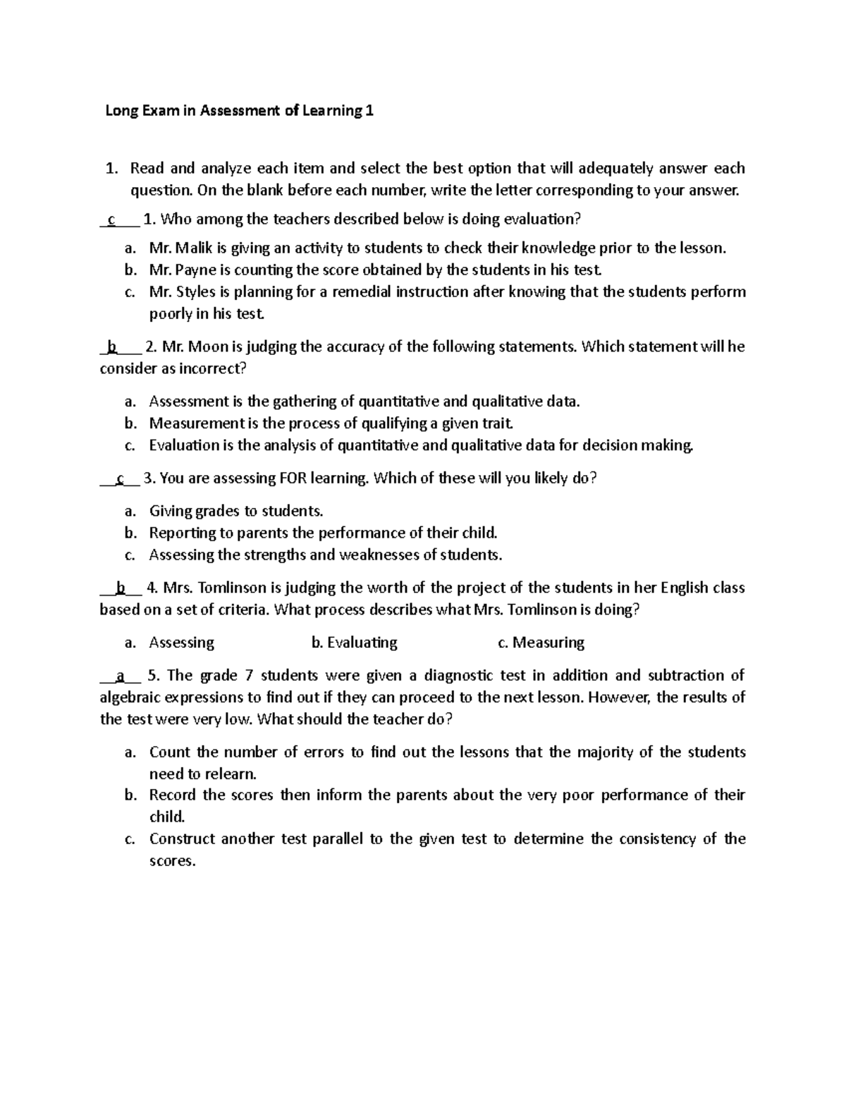 Long Exam in Assessment of Learning 1 - On the blank before each number ...