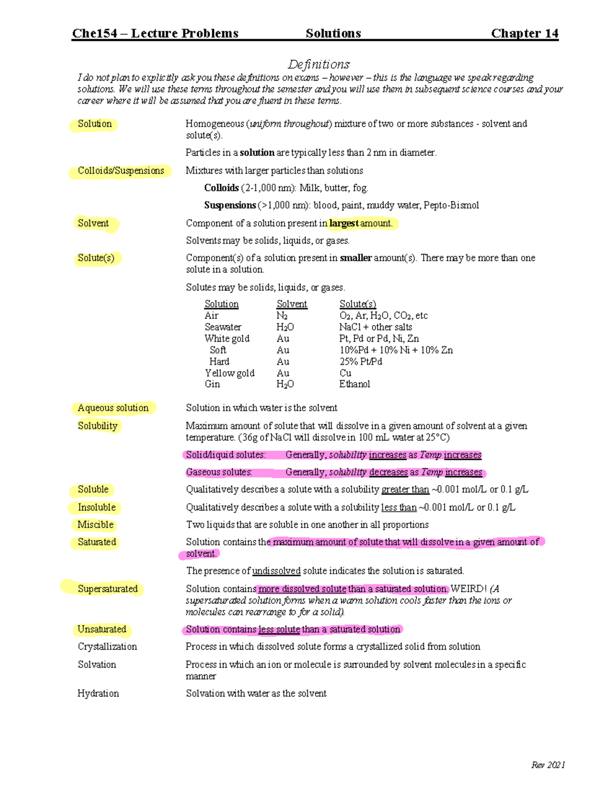 Ch. 14 - definitions, important overviews, practice problems - Che154 3 Lecture Problems ...
