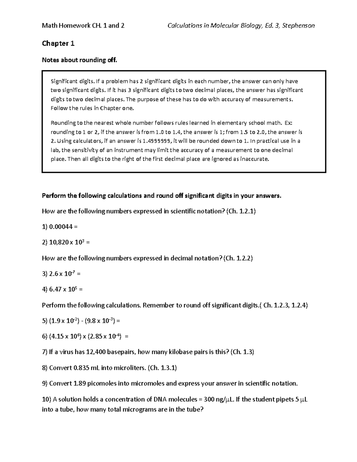Ch. 1 and 2 Math Homework Worksheet - Math Homework CH. 1 and 2 ...