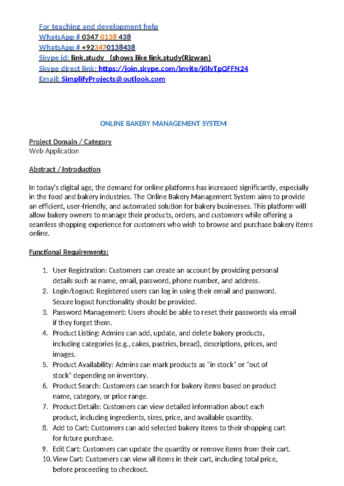 Online Bakery Management System - WhatsApp # 0347 0138 438 WhatsApp # +92 3470138438 Skype id ...