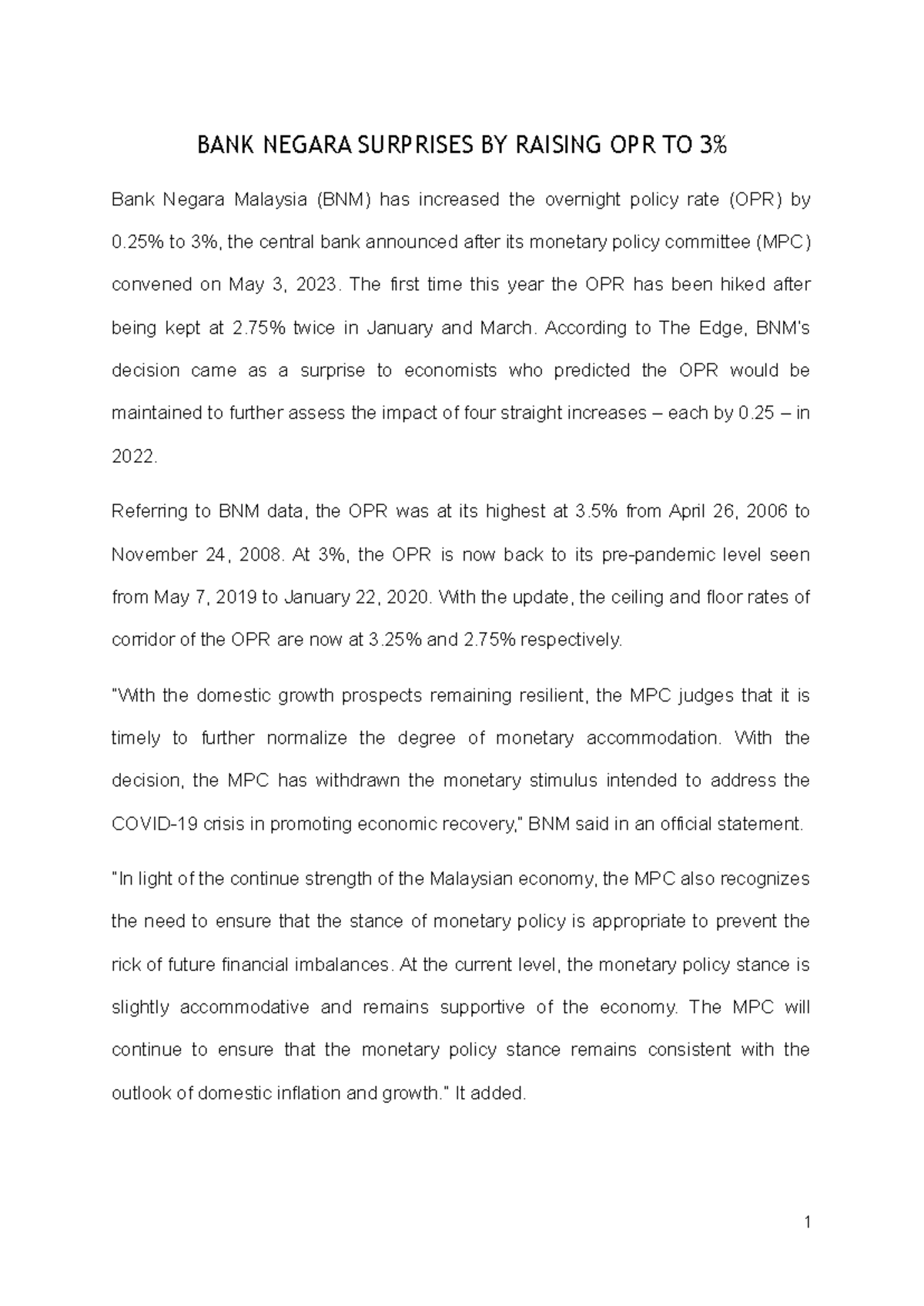 Asm test syafiah - BANK NEGARA SURPRISES BY RAISING OPR TO 3% Bank ...