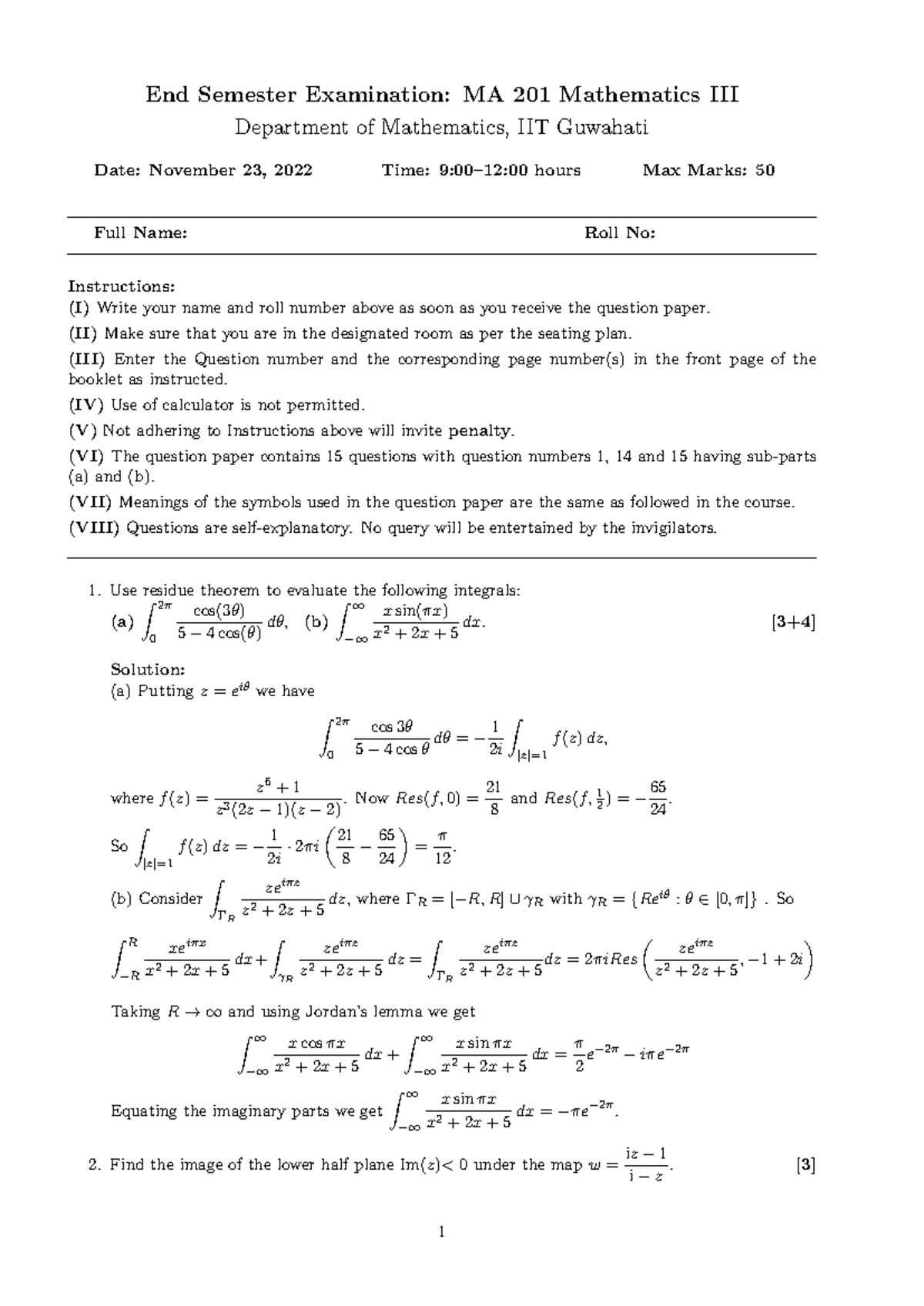 MA201-ES Nov23-2022-solution - End Semester Examination: MA 201 Mathematics III Department of ...