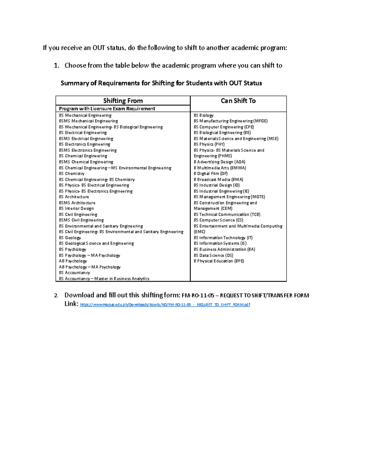 Procedure to Shift Programs with Licensure Exam - If you receive an OUT ...