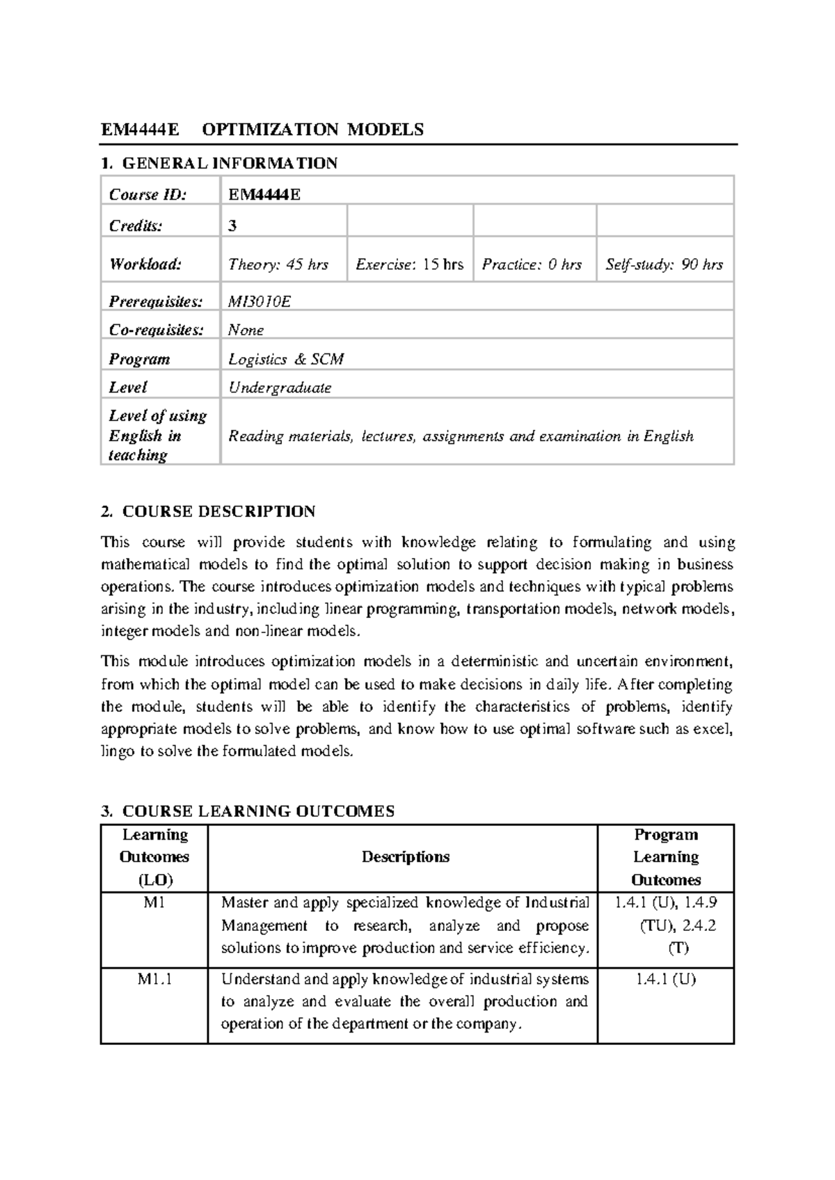 EM4444E Optimization models - Review - EM 4444 E OPTIMIZATION MODELS 1. GENERAL INFORMATION ...