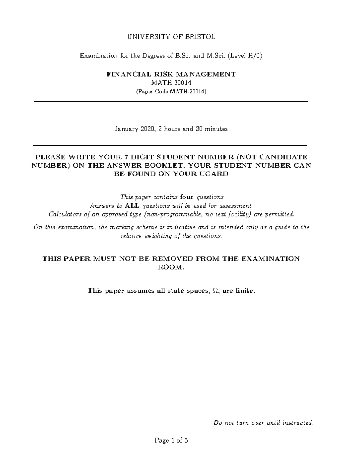 Financial Risk Management Exam 2020 - UNIVERSITY OF BRISTOL Examination ...