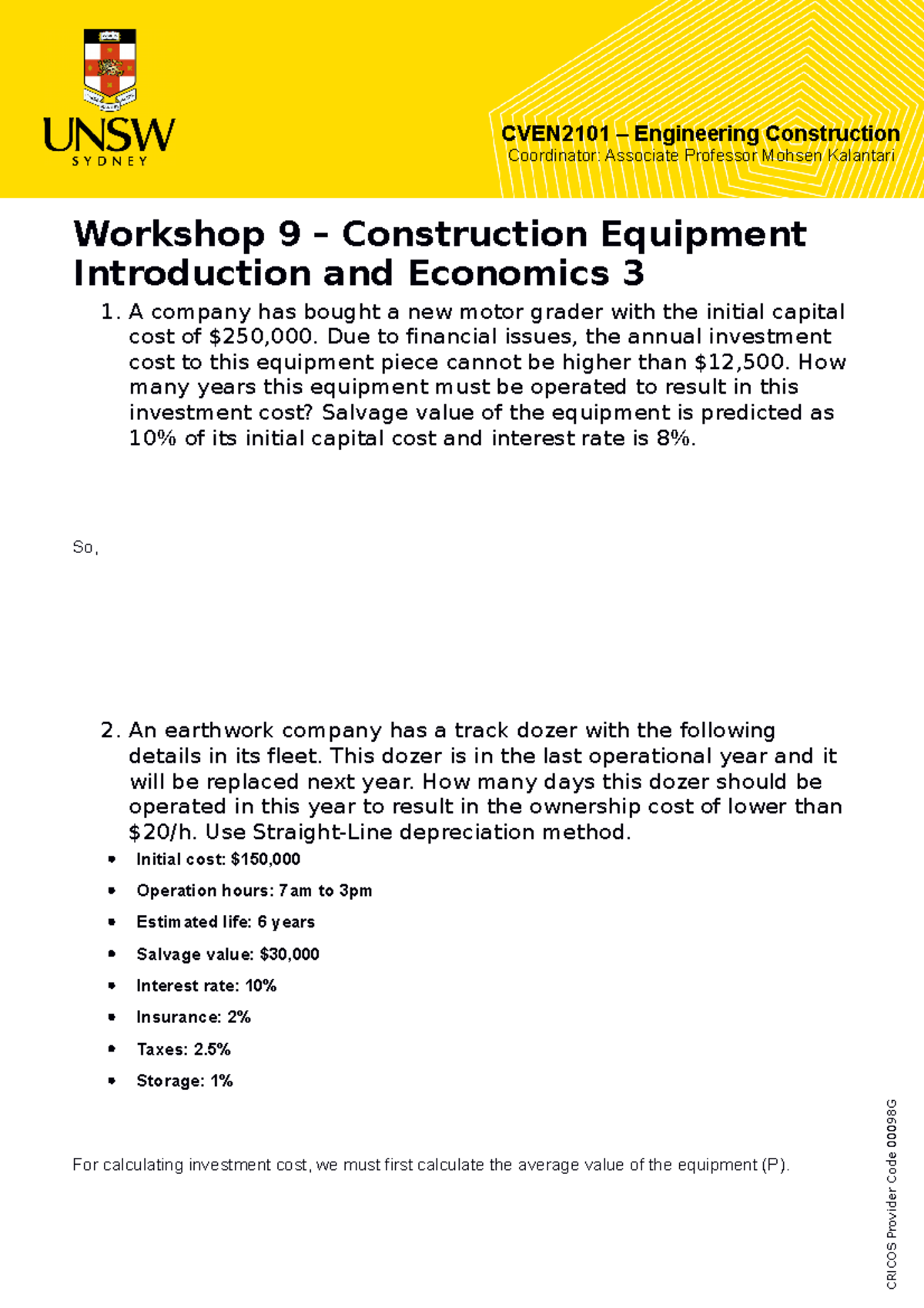 CVEN2101-Workshop 9 - Solution - Workshop 9 – Construction Equipment ...
