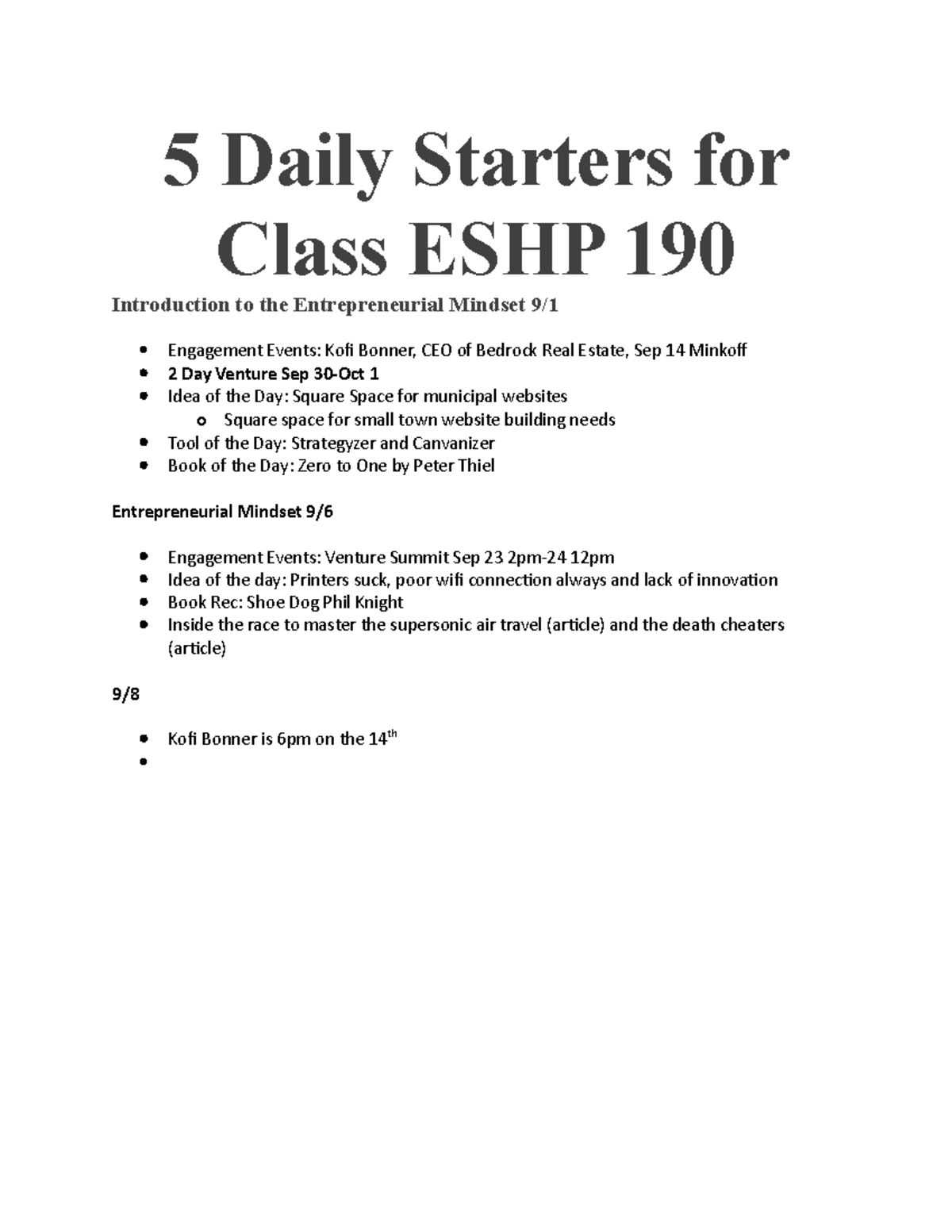5 Daily Starters for Class ESHP 190 - Studocu
