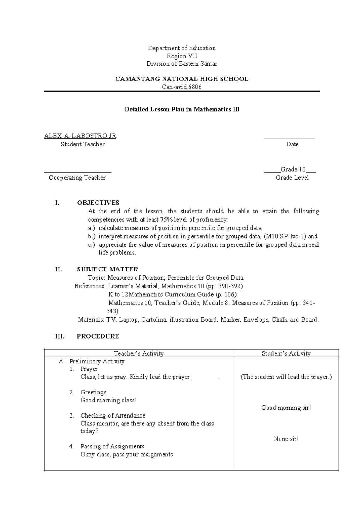Lesson Plan in Mathematics 10 (Measure of Position in Percentile for Grouped Data - Department ...