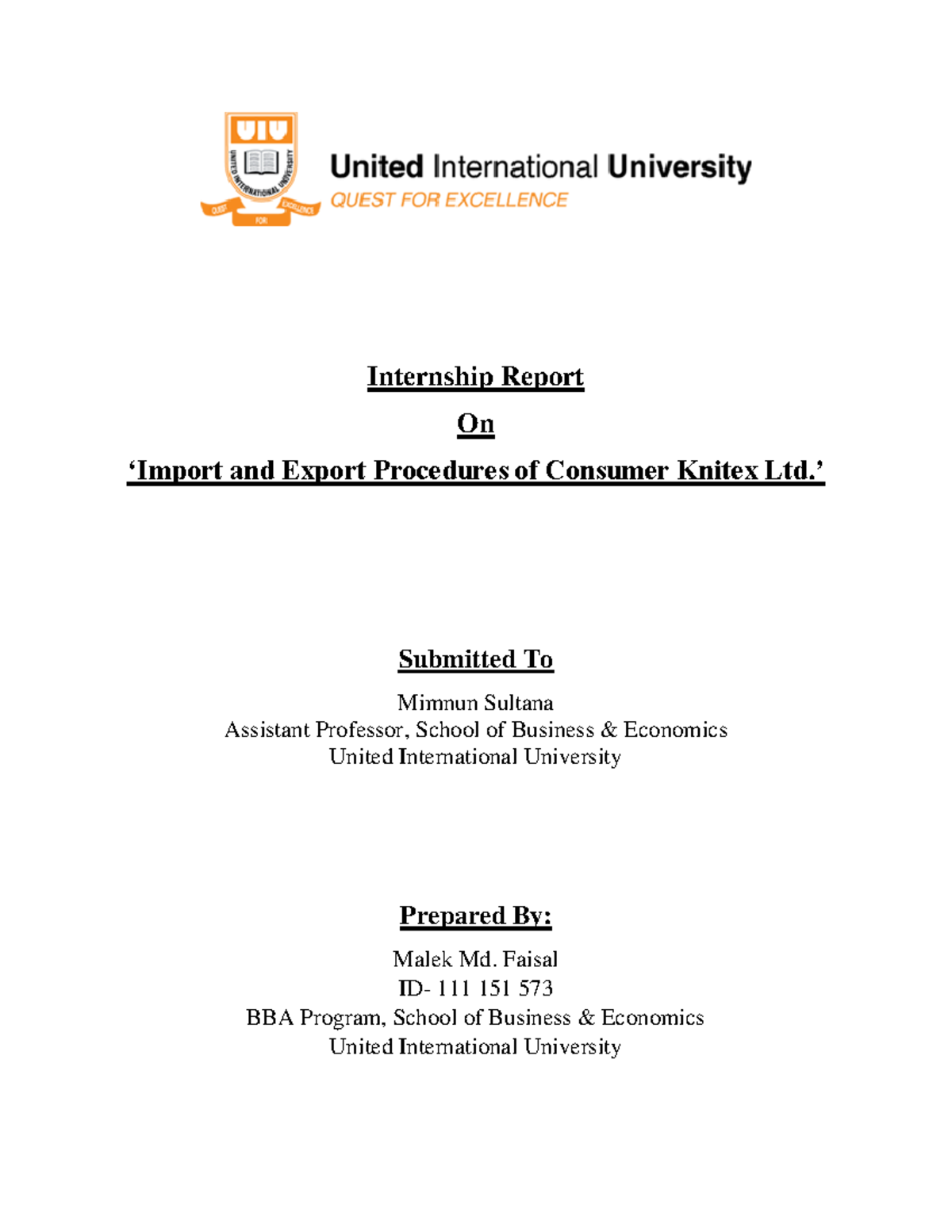 Internship report Malek Md Faisal 111151573 - Internship Report On ...