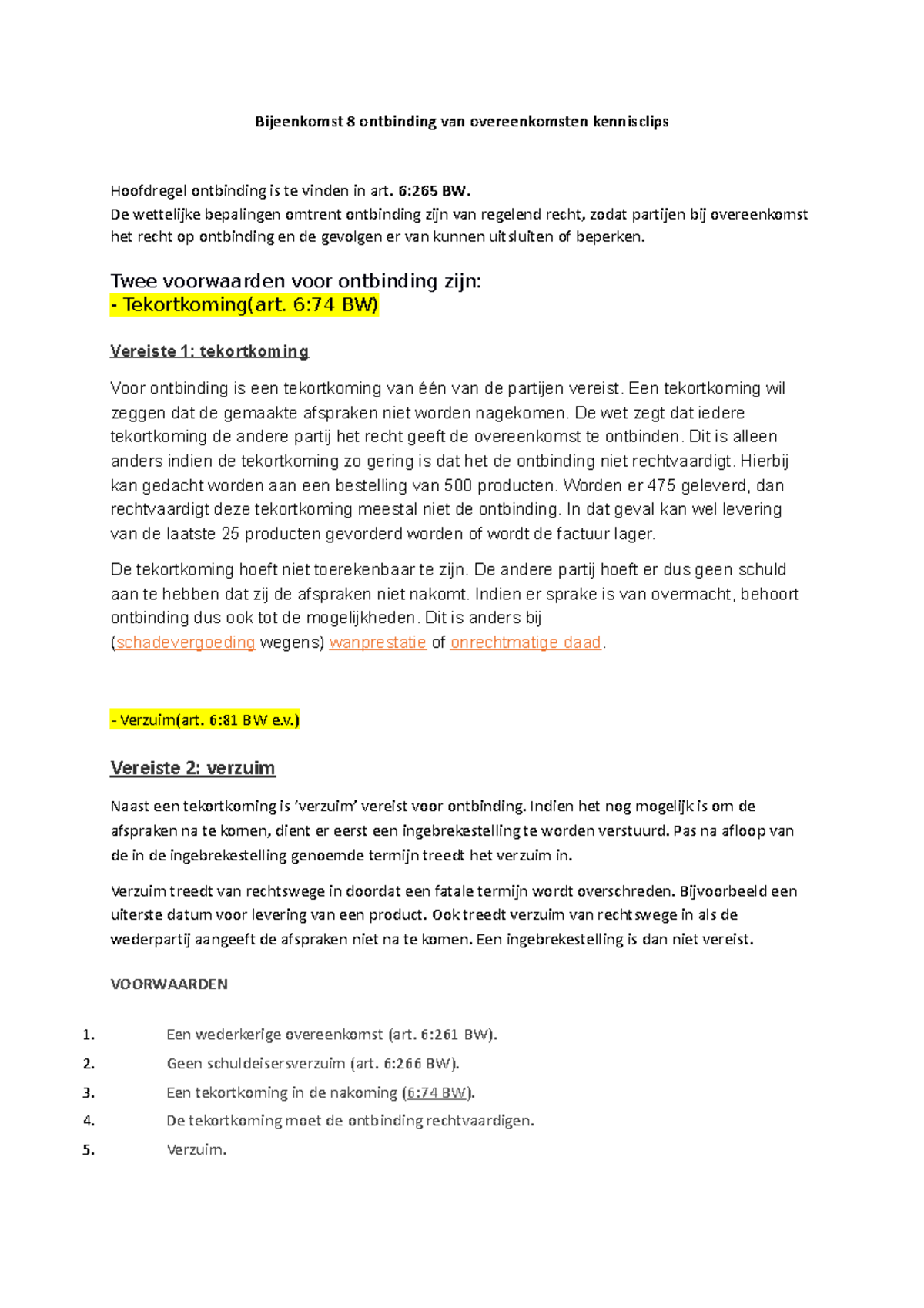 Bijeenkomst 8 ontbinding van overeenkomsten kennisclips - Bijeenkomst 8 ...