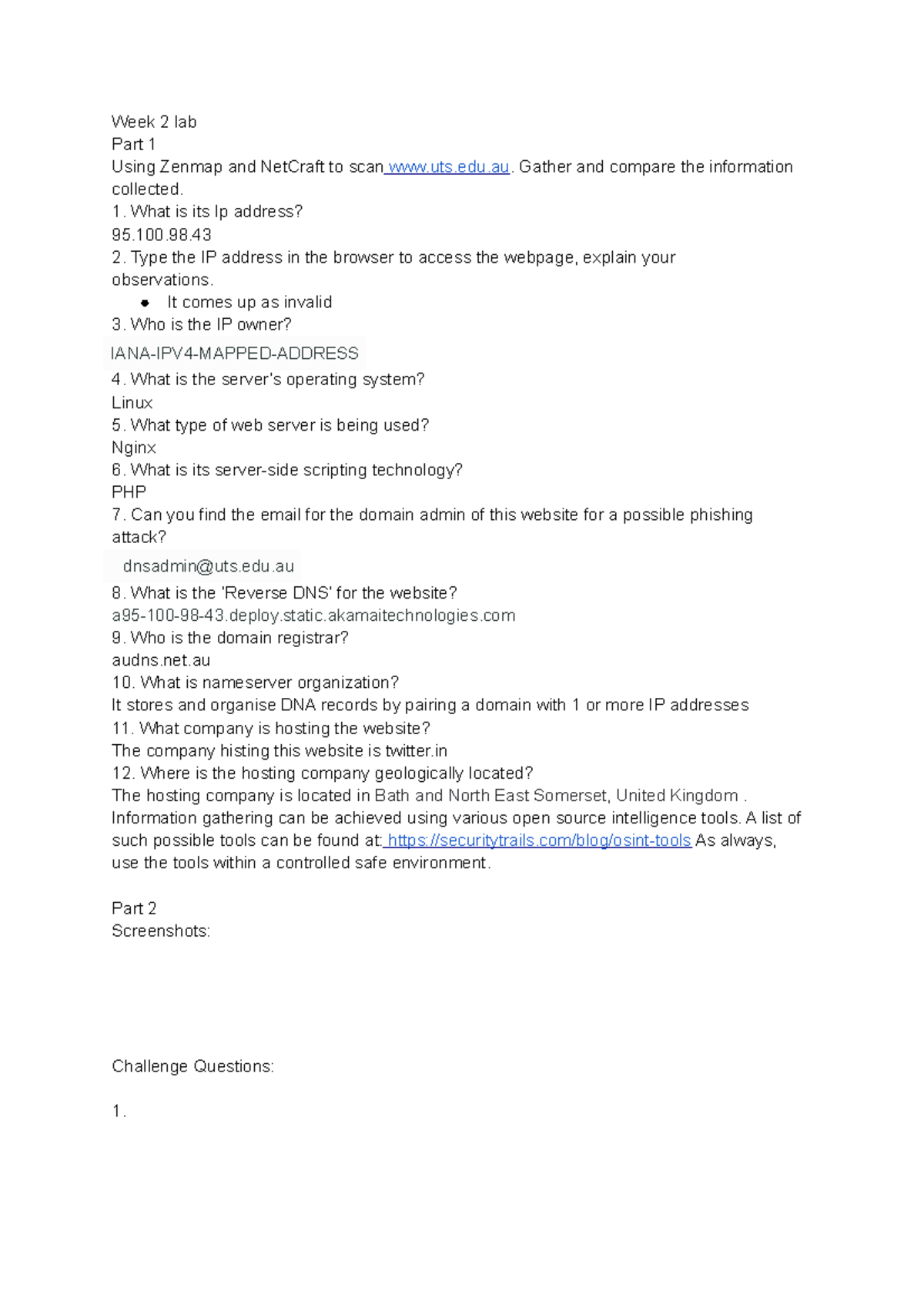 Week 2 lab - n/a - Week 2 lab Part 1 Using Zenmap and NetCraft to scan uts.edu. Gather and ...