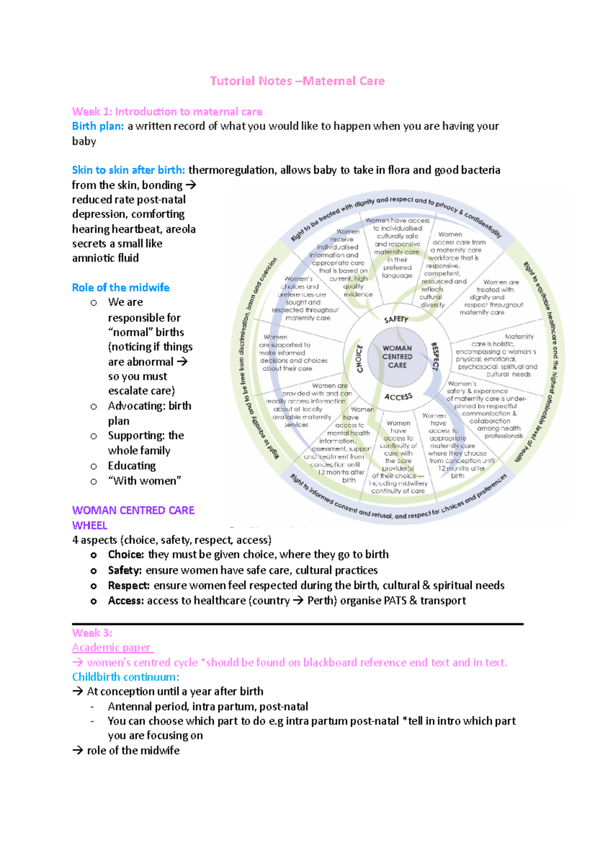 Tutorial Notes - Maternal care - Tutorial Notes –Maternal Care Week 1 ...