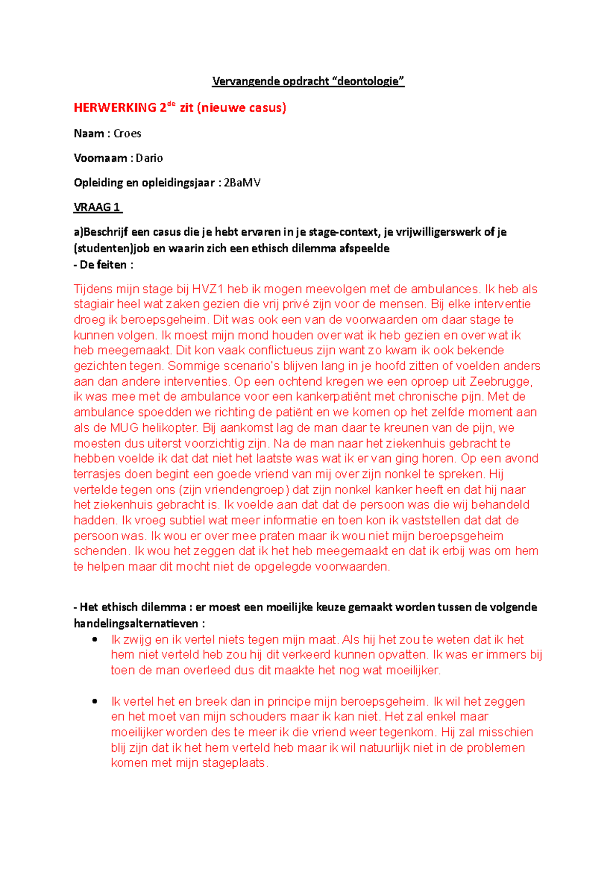 Croes Dario Deontologie 2de zit - Vervangende opdracht “deontologie ...